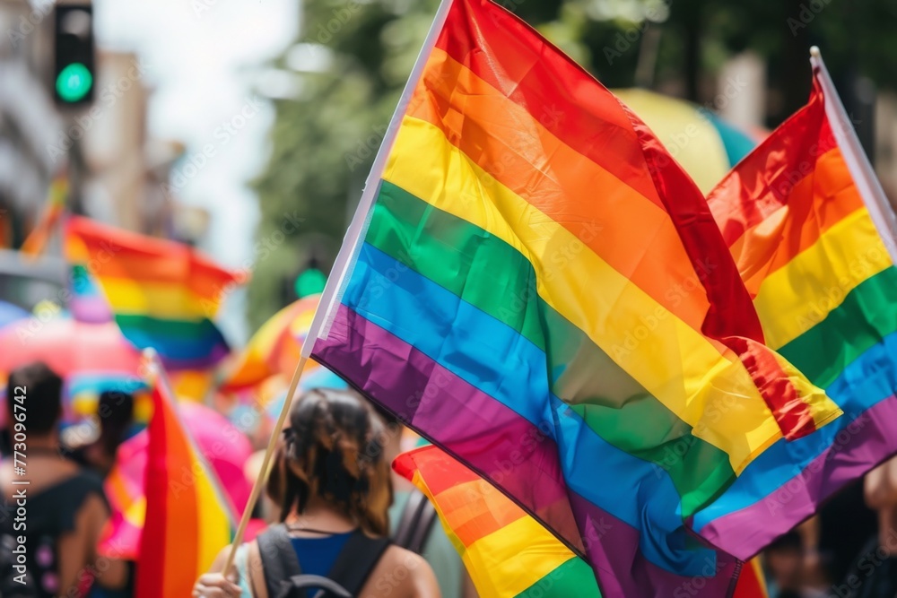 Amidst the cheering crowd, the pride flag soared high, representing ...
