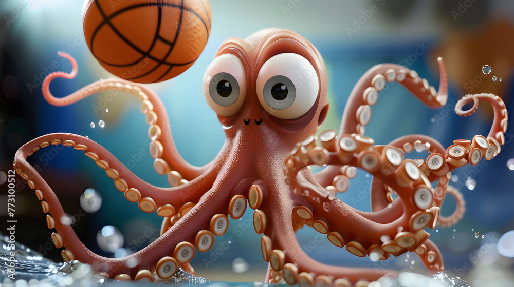 Cartoon character of an octopus with a basketball. 3d illustration ...
