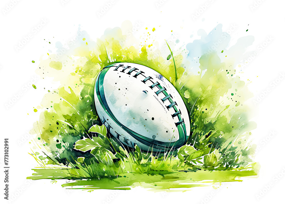 Watercolor Green and White Rugby Ball on Field isolated on White ...