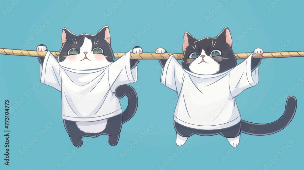 Two adorable cartoon cats hang from a pole, their paws gripping tight ...