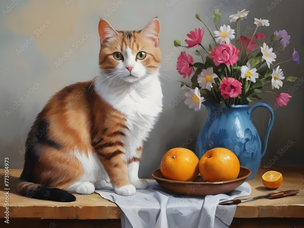 still life with cat, painting by sergey and vera artmajeur Stock ...