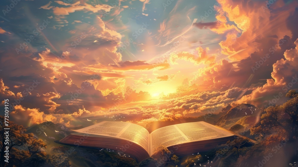 Open Bible Reveals a Serene and Heavenly Scene from Paradise Stock ...