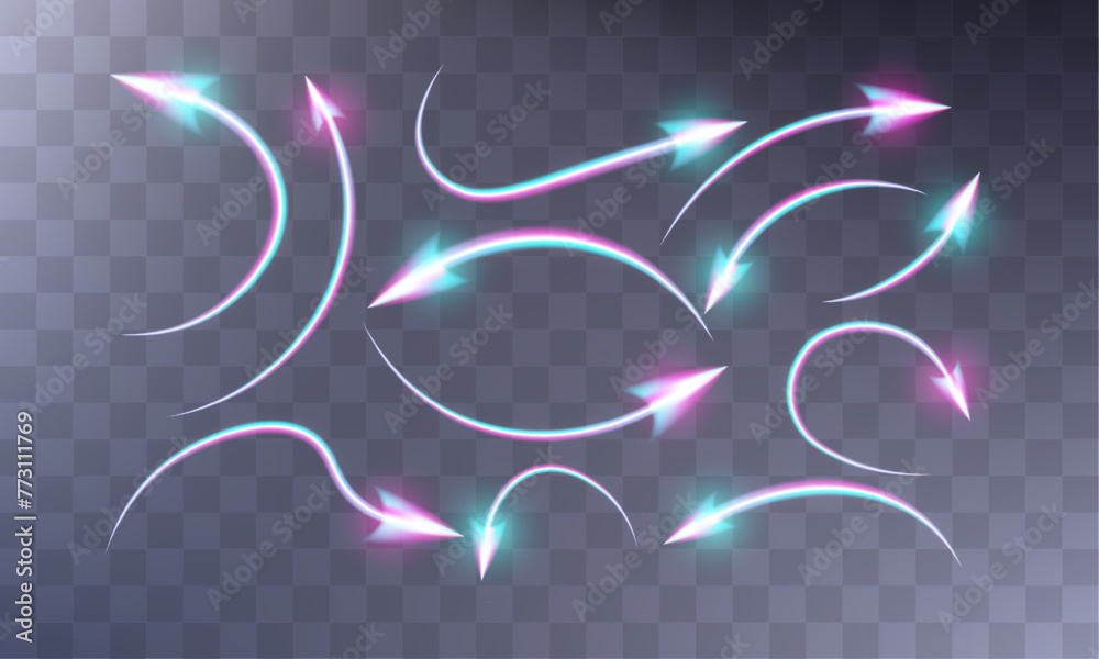 Neon multi-colored arrows, pointers with a glow on the tip. Different ...