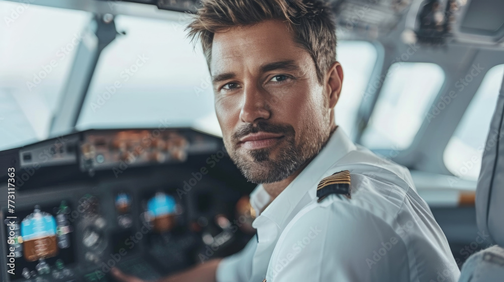 A male pilot seated in the cockpit of a plane, focusing on instruments ...