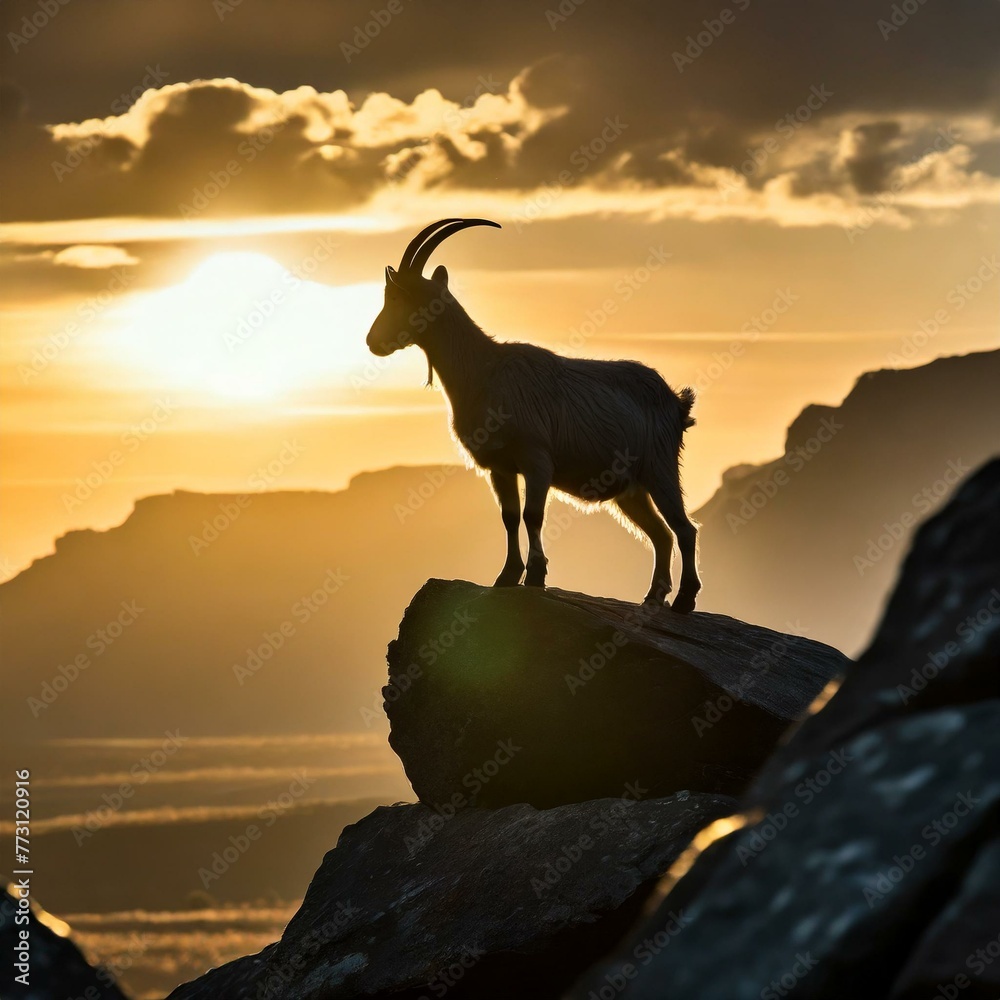 goat on a rock.A dramatic depiction of a solitary goat standing on a ...