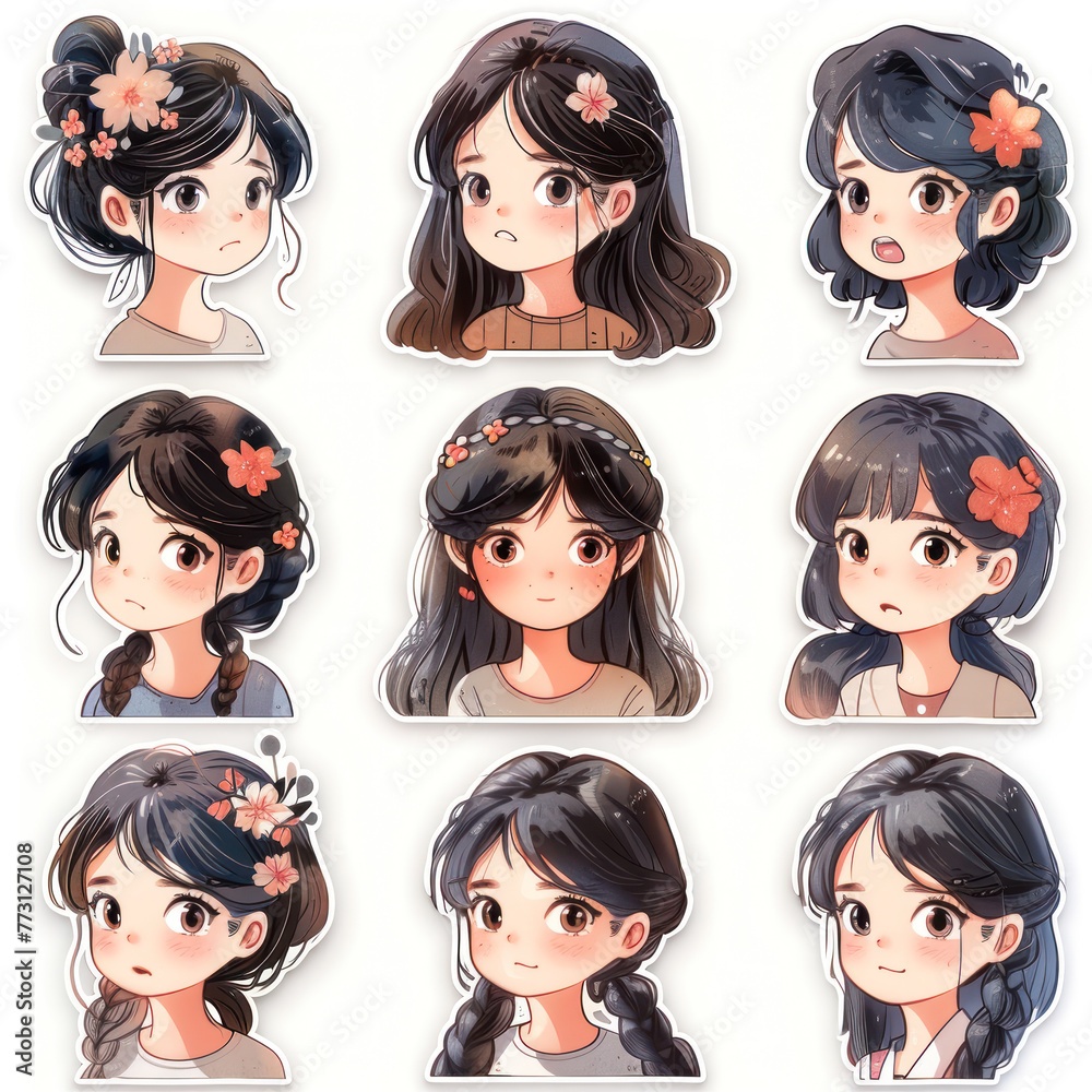 cartoon girls set. Stickers set of cute girls avatar. Portrait of young ...