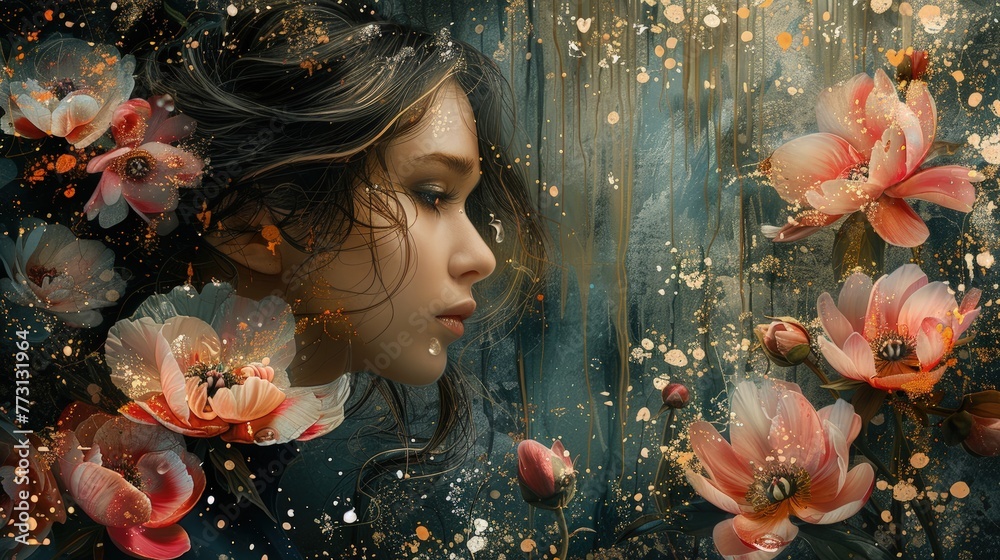 Artistic fusion of female portrait and floral elements, blending ...