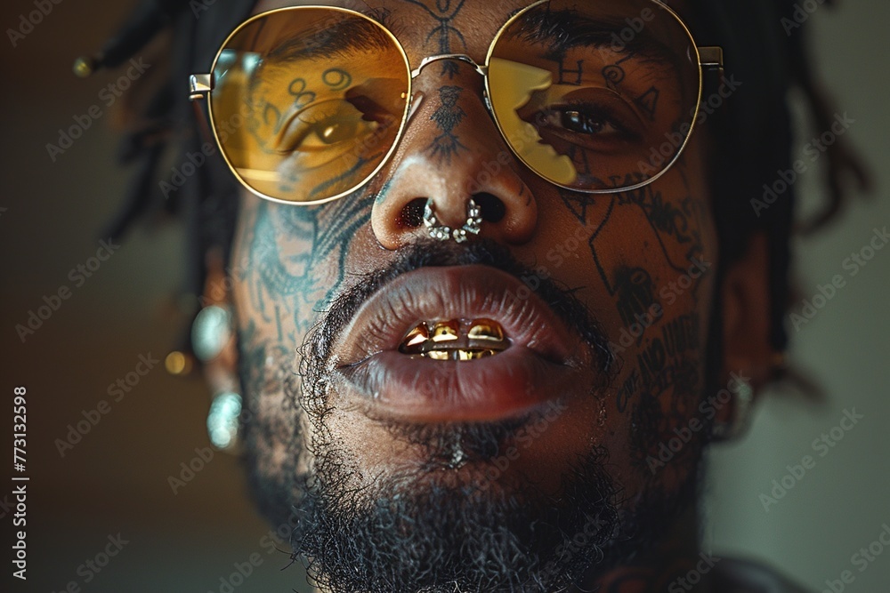 Rapper with face tattoos and golden grills on teeth wearing jewelry ...