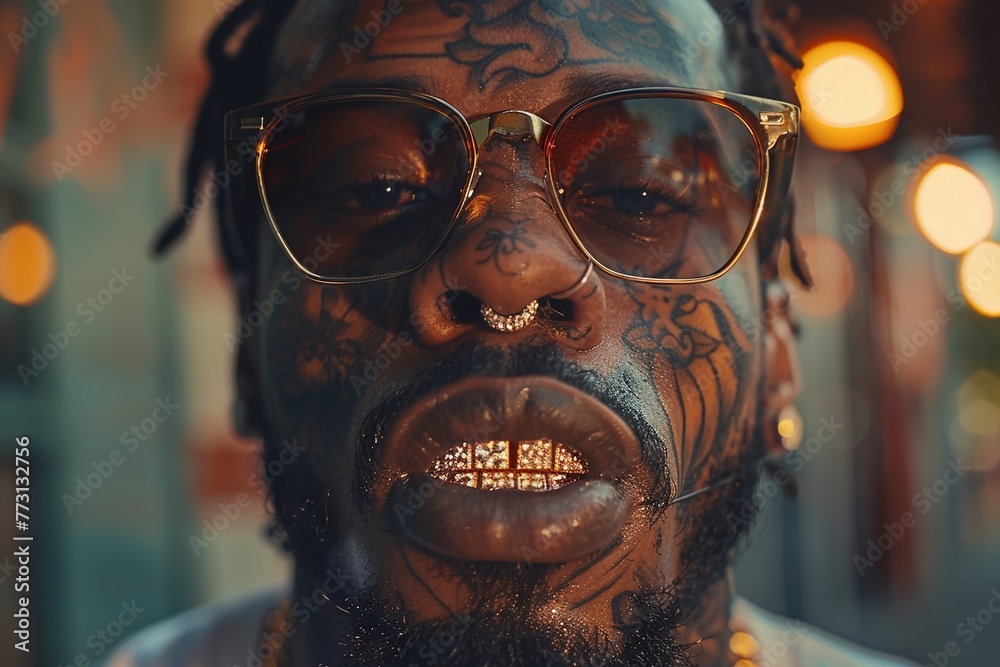 Rapper with face tattoos and golden grills on teeth wearing jewelry ...
