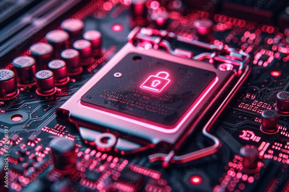 Cyber security concept: Chip on motherboard with a digital lock symbol ...