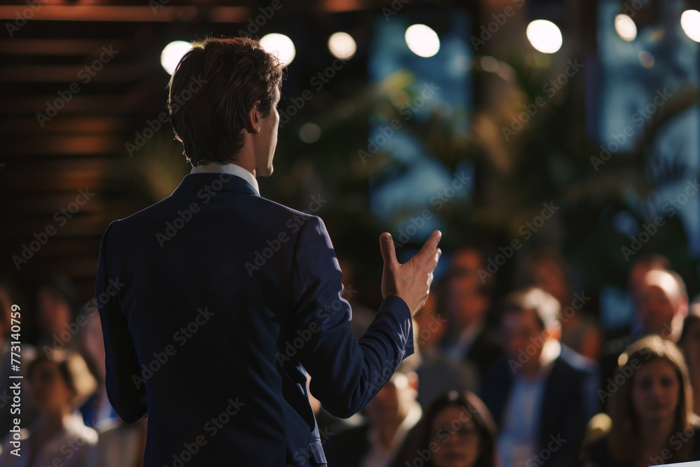 Foto de Back view of a public speaker presenting in front of a big ...