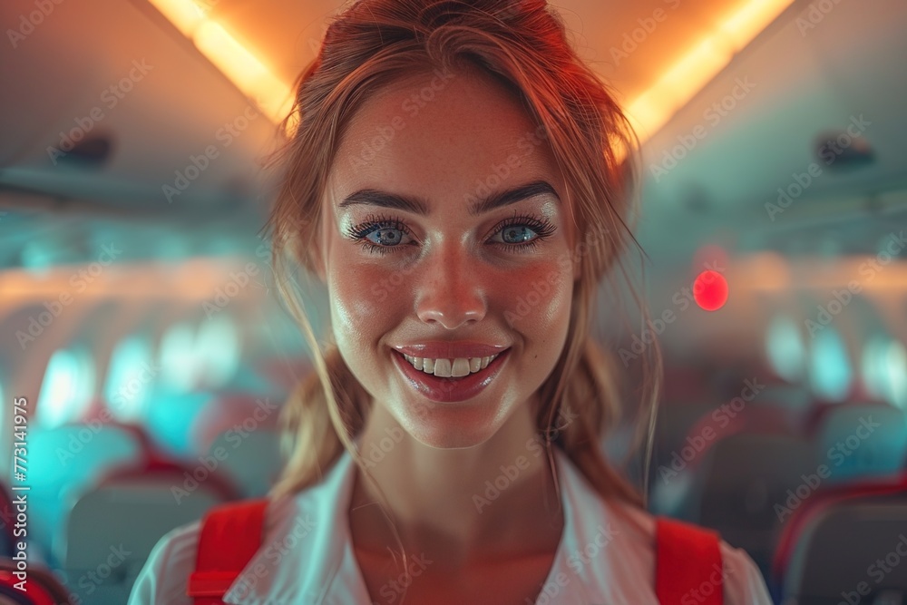 Smiling female flight attendant in an airplane, portrait of a beautiful ...
