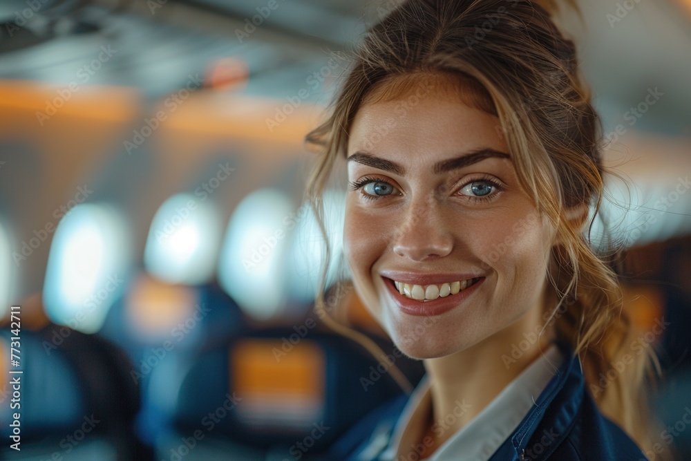 Smiling female flight attendant in an airplane, portrait of a beautiful ...