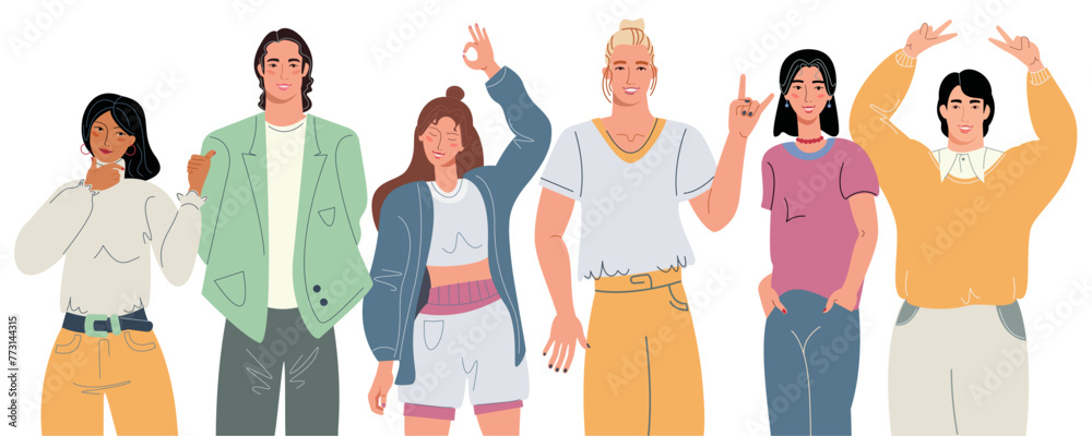 Happy positive people, group portrait. People showing positive hands ...