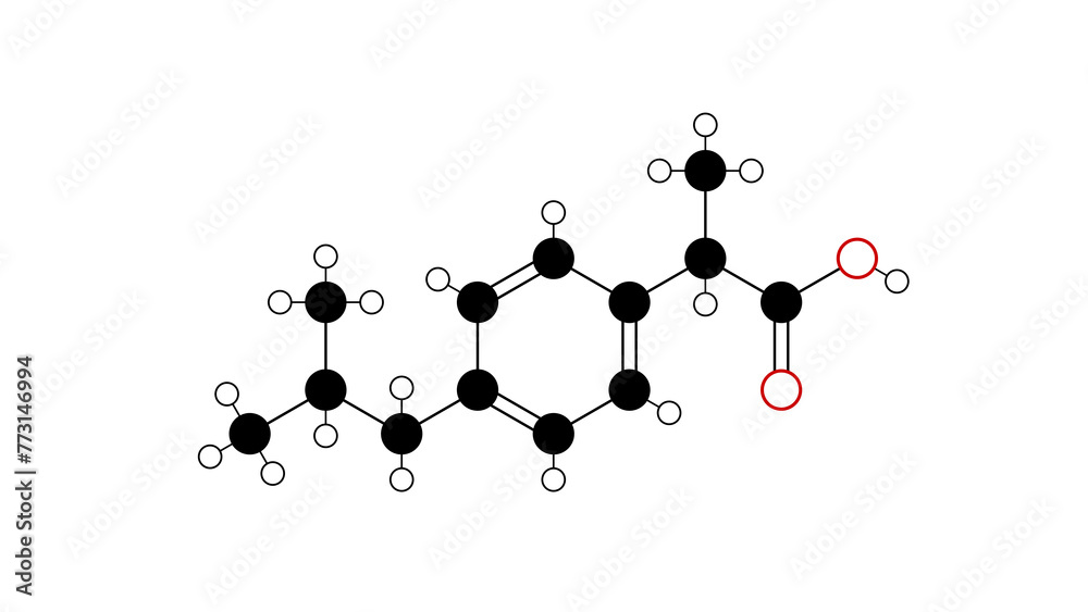 ibuprofen molecule, structural chemical formula, ball-and-stick model ...