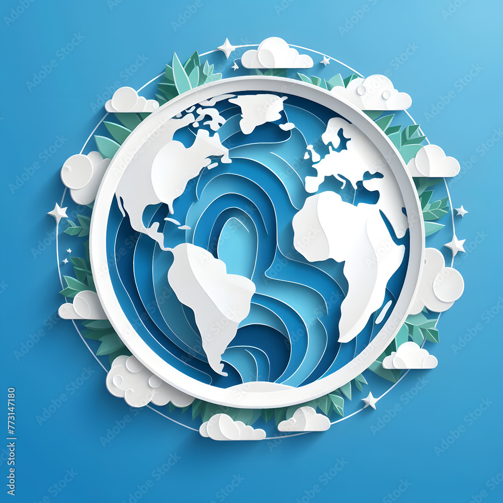 Earth paper cut design, isolated on a blue background, flat vector ...