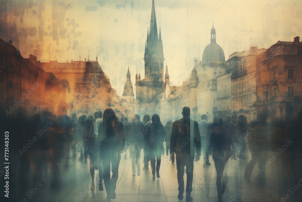 Double exposure photo, People walking in the street in Prague Czech ...