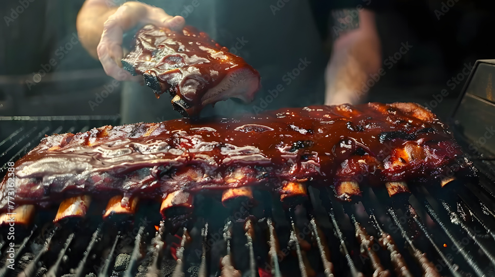 Chef basting barbecue sauce over baby back pork ribs on a wood pellet ...