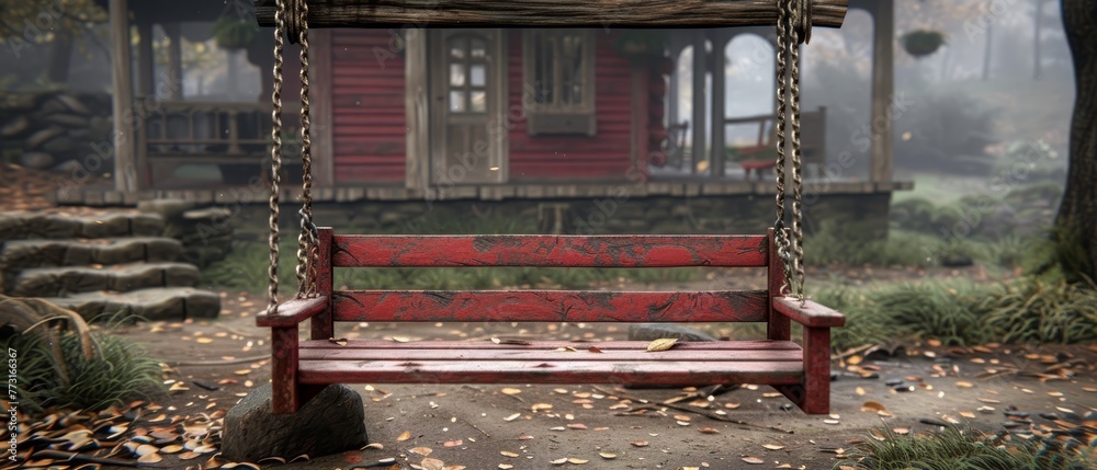 A red wooden swing faces a one-story red house The house is equipped ...