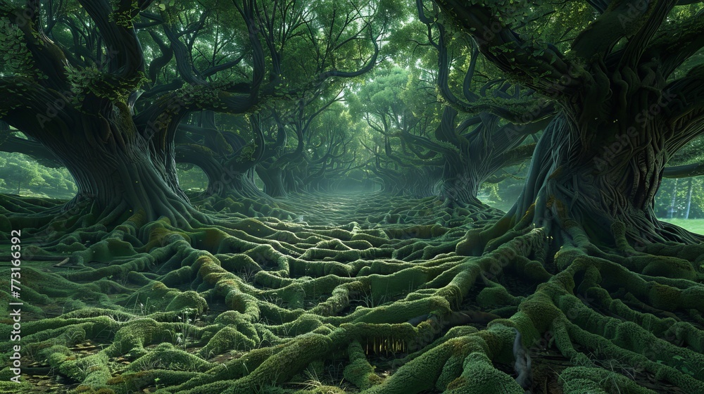 Design a surreal landscape where trees are connected underground ...