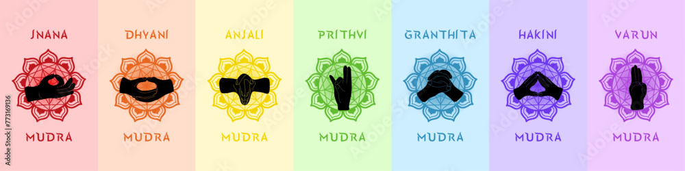 Vibrant set of icons for mudras and their gestures. Isolated collection ...