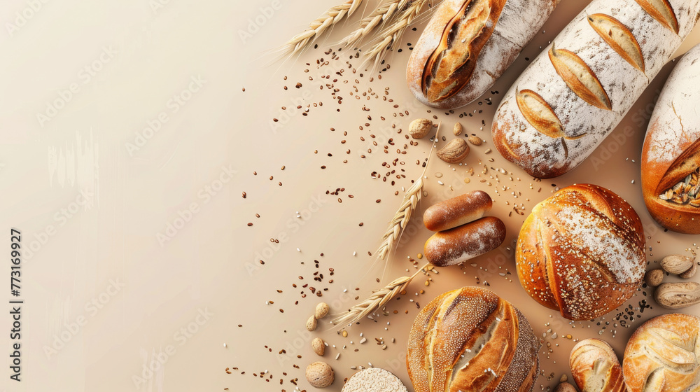 Artisan bread collection on a cream background, infused with natural ...