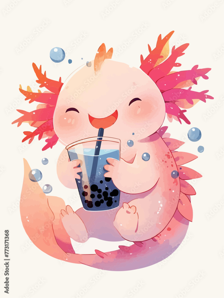 Kawaii illustrated Axolotl drinking Boba Tea Bubble Tea / Japanese Neko ...
