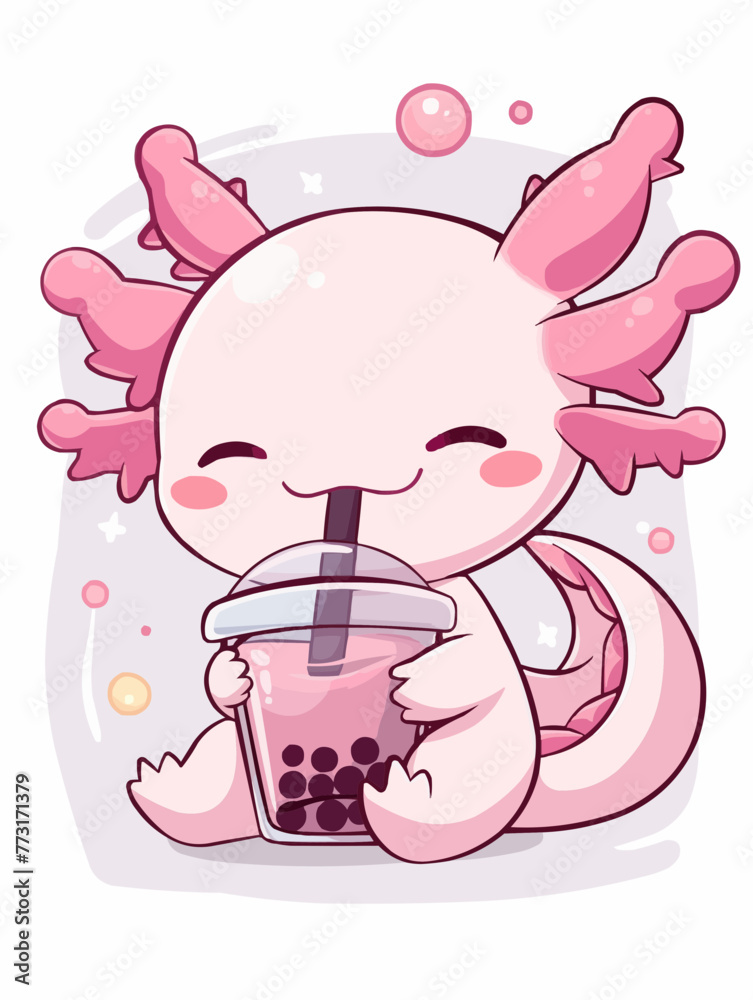 Vetor de Kawaii illustrated Axolotl drinking Boba Tea Bubble Tea ...