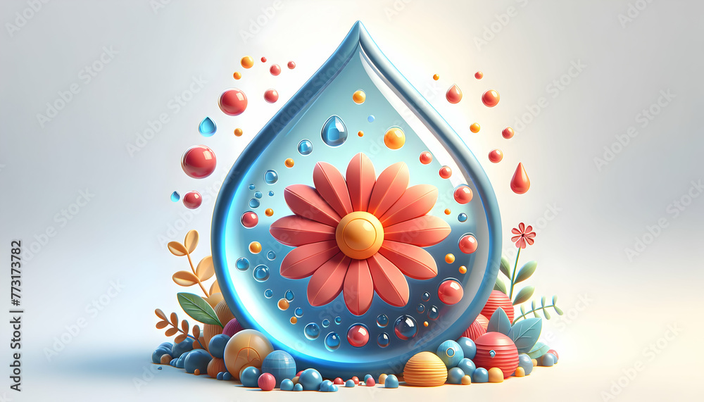 3d flat icon as Floral Dew A water drop with a vibrant flower inside ...