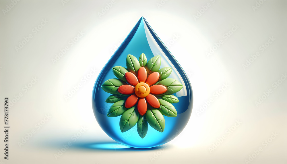 3d flat icon as Floral Dew A water drop with a vibrant flower inside ...