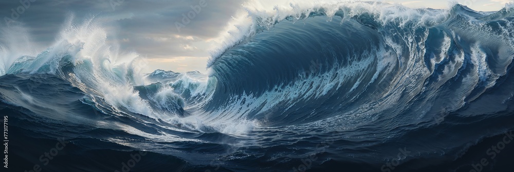 Massive tsunami wave cresting in the open ocean and dominates the ...