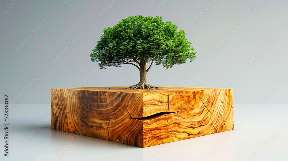 3D conceptual art of a tree growing into a finished piece of furniture ...