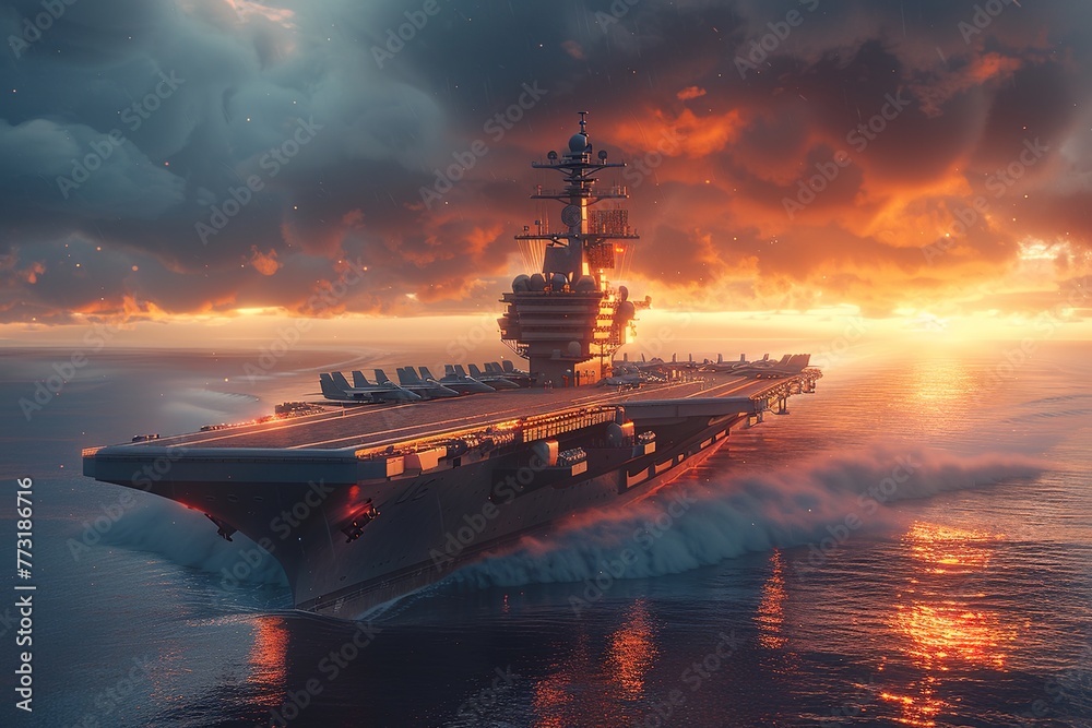 Military aircraft ship carrier with fighter aircraft planes in middle ...