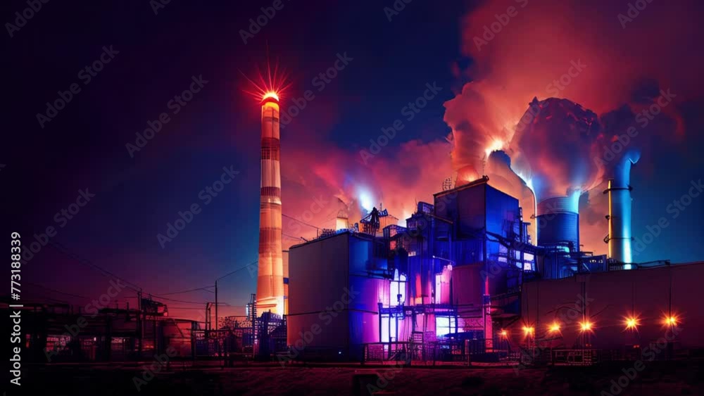 A brightly lit chemicals factory at night, with colourful neon lights ...