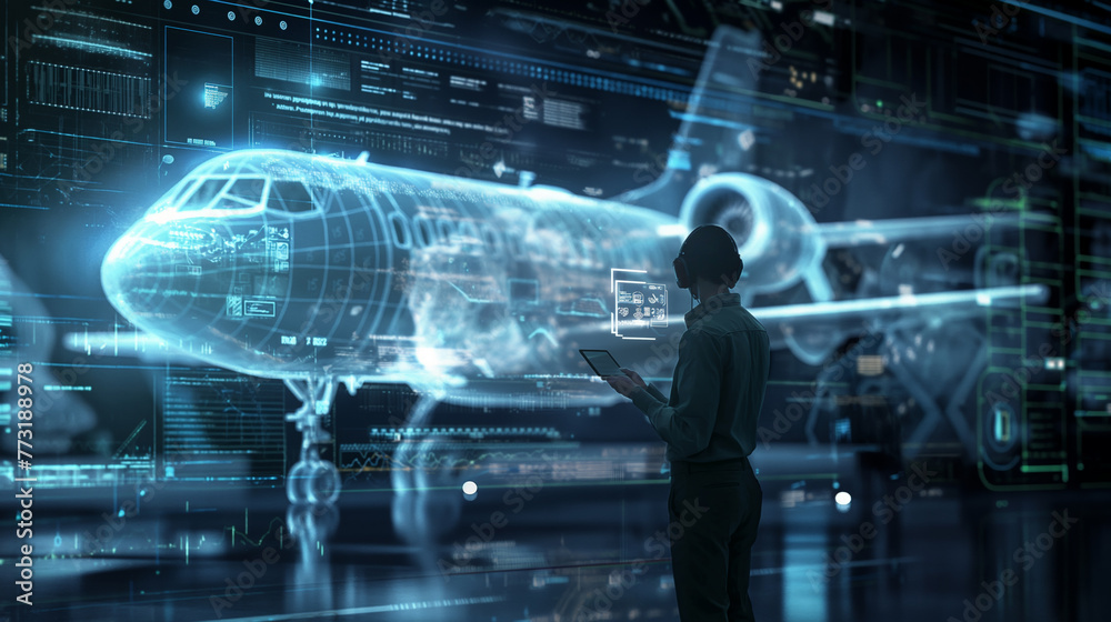 Aerospace engineer visualizing hologram plane Stock Photo | Adobe Stock