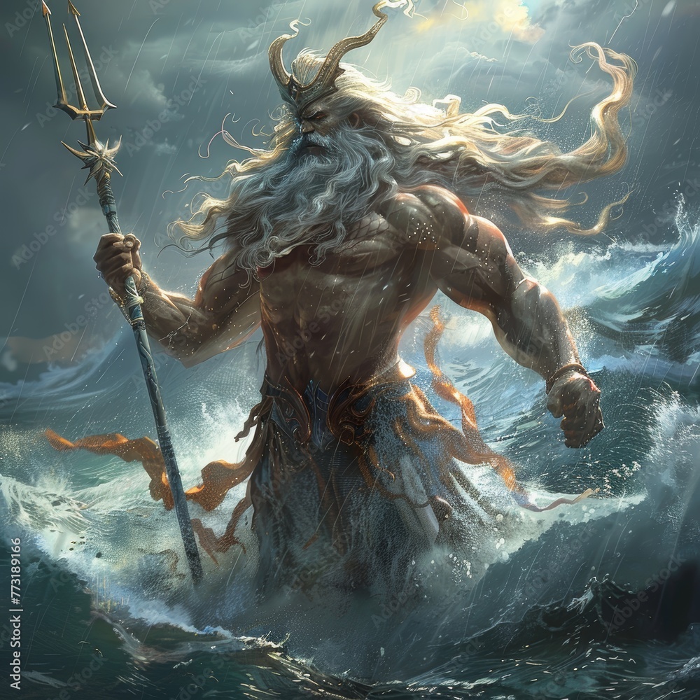 Poseidon, God of the sea, earthquakes, and horses Stock Illustration ...