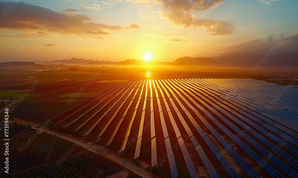 Solar energy farm with rows of photovoltaic panels against a backdrop ...