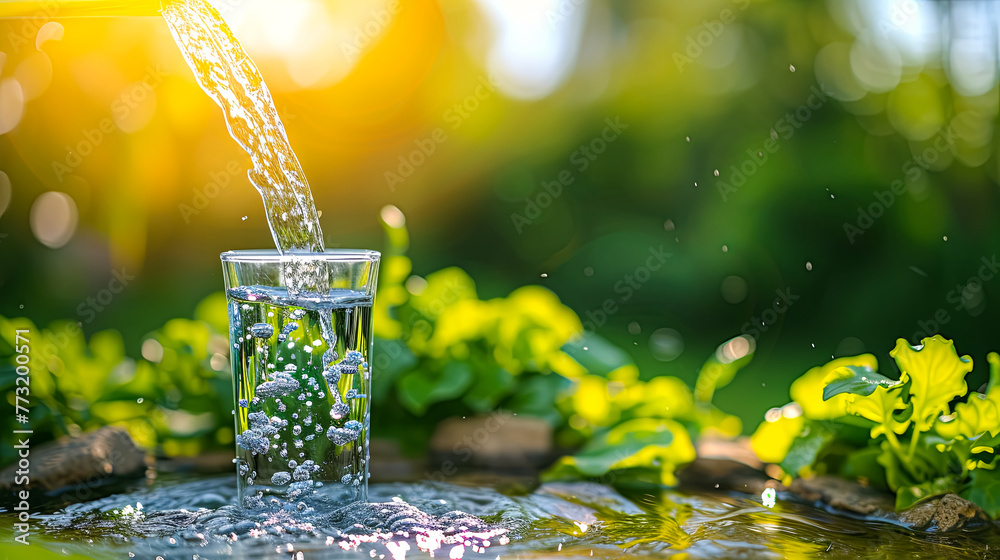 Transparent glass holds clean water, a symbol of purity and vitality ...