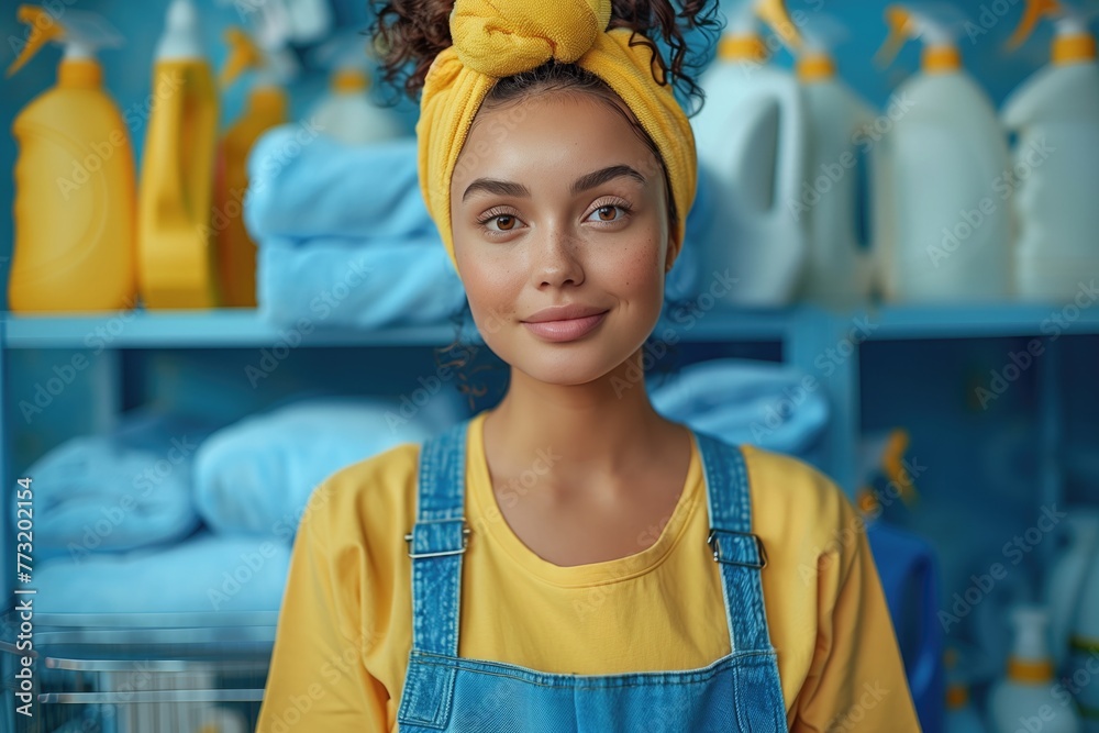 friendly smile, the woman housekeeper poses next to a cart filled with ...
