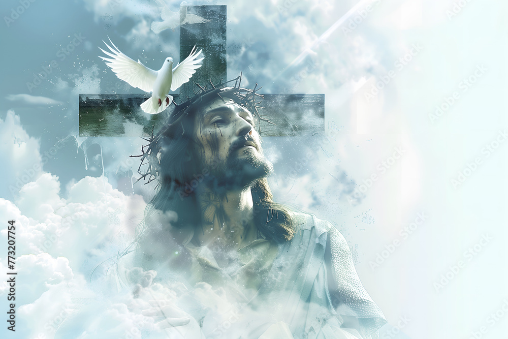 Double exposure image of Jesus Christ, Christian cross and dove ...