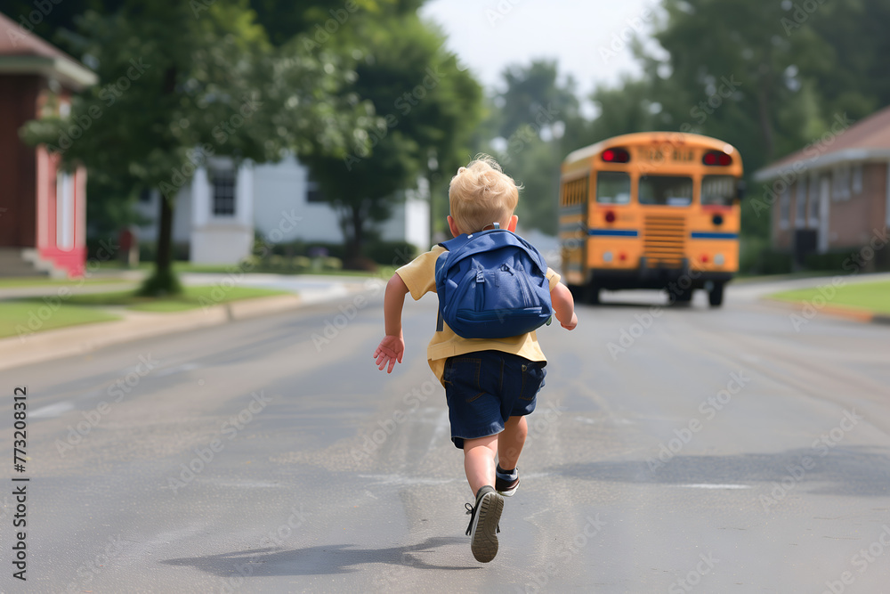 Back view of a kid with backpack running to the school bus. Back to ...
