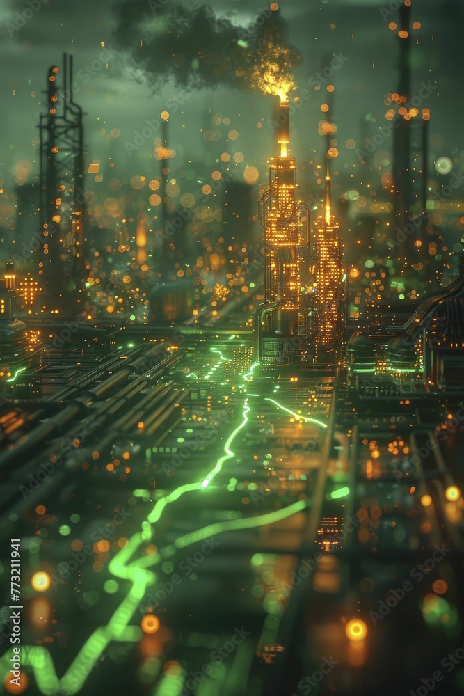 Abstract portrayal of a factory silhouette with a green heartbeat line ...