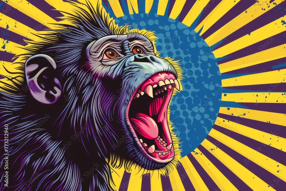 Pop art style illustration featuring an expressive monkey roaring, set ...