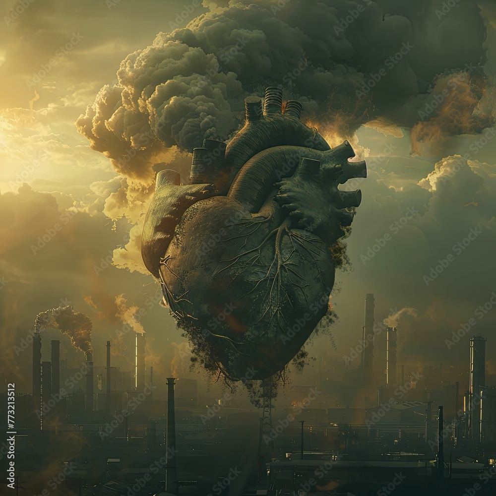 Transformation from polluted heart silhouette to lush greenery ...