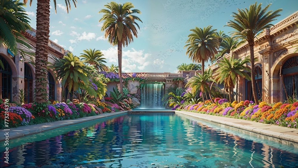 Mystical desert oasis with a sparkling blue pool and palm trees Stock ...
