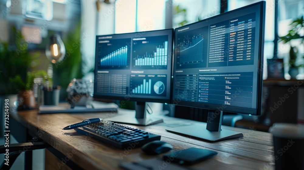 High-tech office setup with dual monitors displaying a document ...