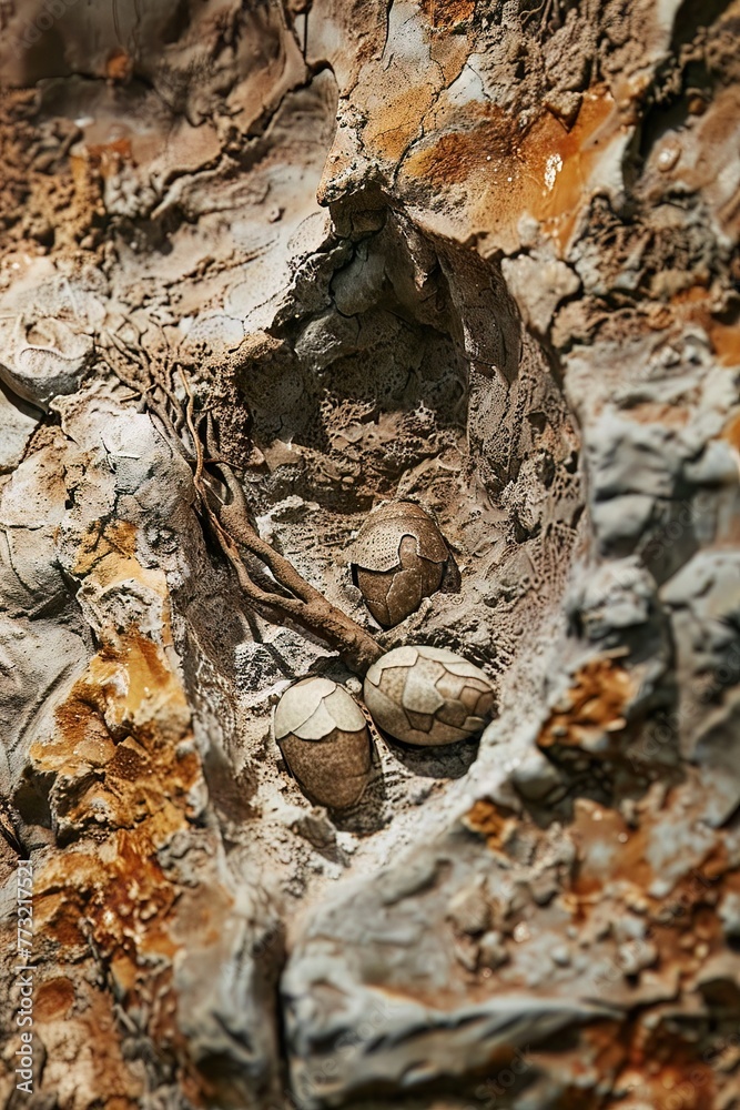 Closeup of a fossilized dinosaur nest with eggs, capturing the ...