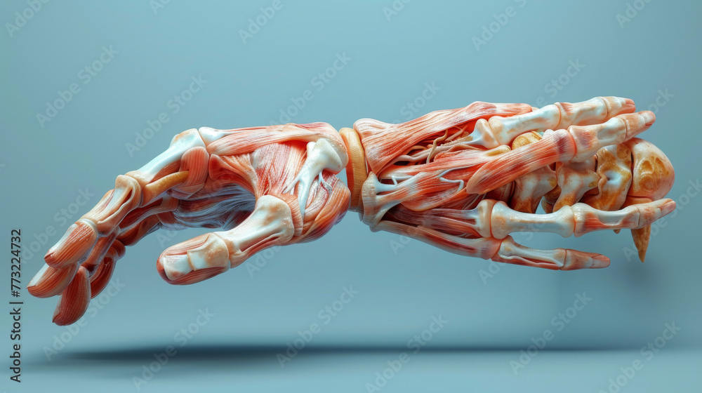 3D render of human hand anatomy, highlighting the muscle and bone ...