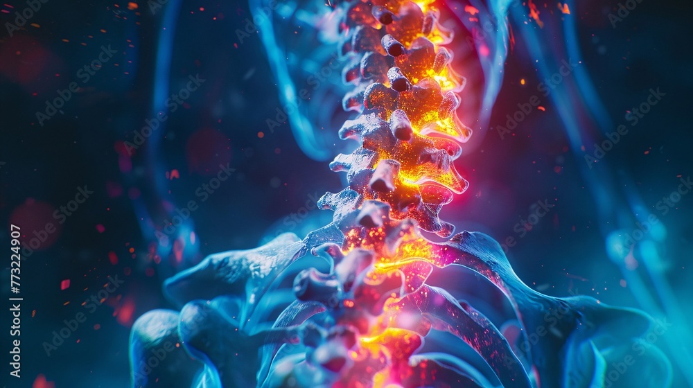 An X-ray of the human spine against a blue background. The neck spine ...