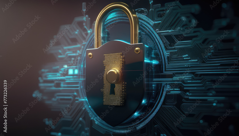 Lock on circuit pattern. Binary code lock, Big data and Cybersecurity service concept of ...